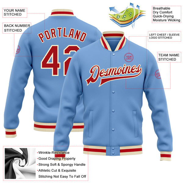 Custom Light Blue Red-Cream Bomber Full-Snap Varsity Letterman Jacket On Sale – FiitgShop