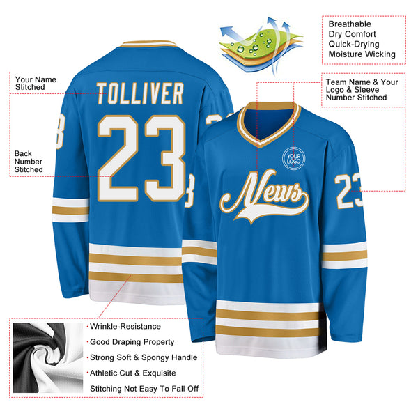 Custom Blue White-Old Gold Hockey Jersey On Sale – FiitgShop