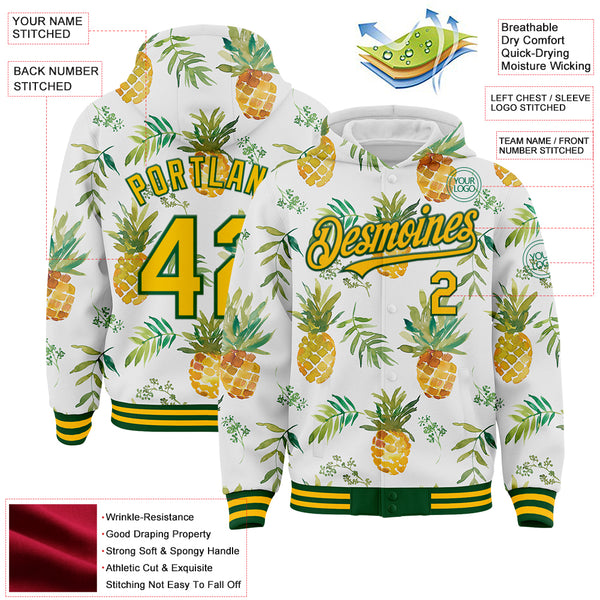 Custom White Gold-Green Tropical Hawaii Fruit Pineapple 3D Bomber Full ...