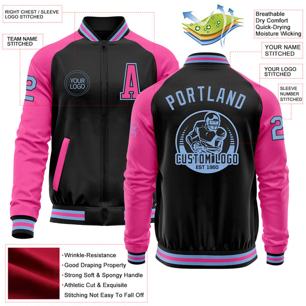 Custom Black Light Blue-Pink Bomber Varsity Letterman Two Tone Zipper ...