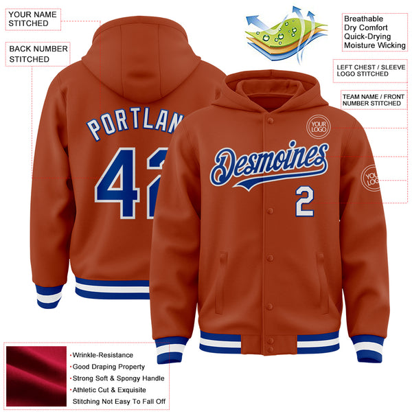 Custom Texas Orange Royal-White Bomber Full-Snap Varsity Letterman ...