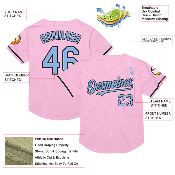 Custom Light Pink Light Blue-Black Mesh Authentic Throwback Baseball ...