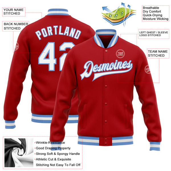 Custom Red White-Light Blue Bomber Full-Snap Varsity Letterman Jacket ...