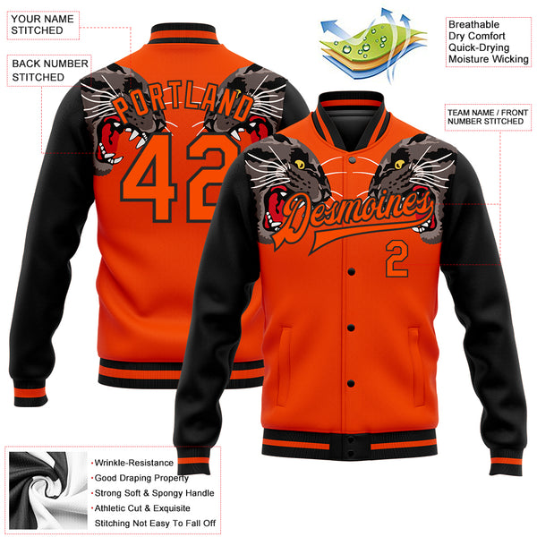 Custom Orange Black Leopard 3D Pattern Design Bomber Full-Snap Varsity ...
